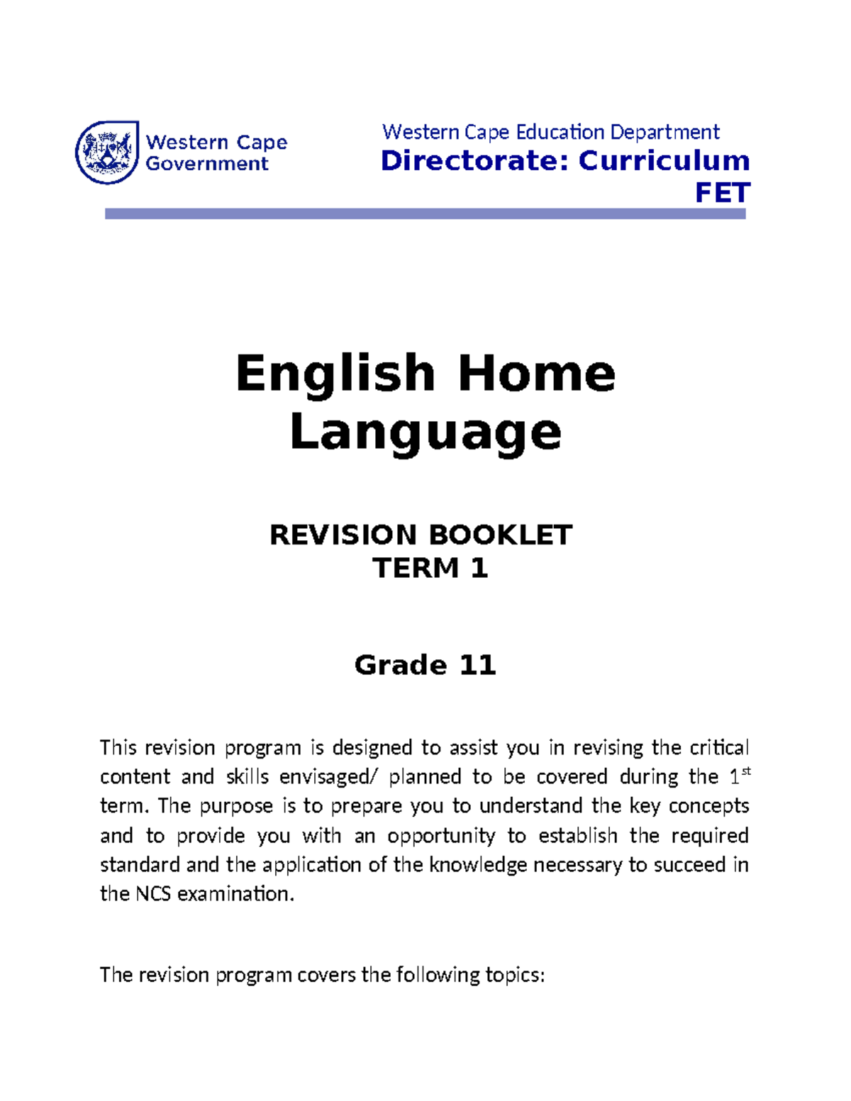 Grade 11 English HL Revision Term 1 2024 - Western Cape Education ...