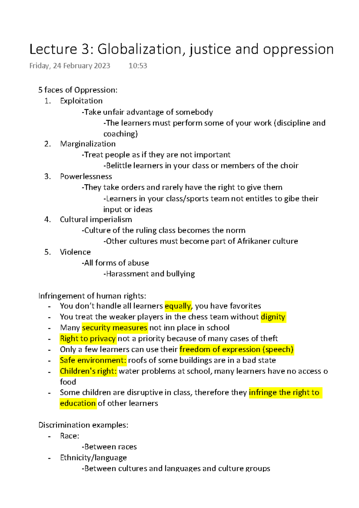 Lecture 3 Globalization, justice and oppression- class notes - 5 faces ...
