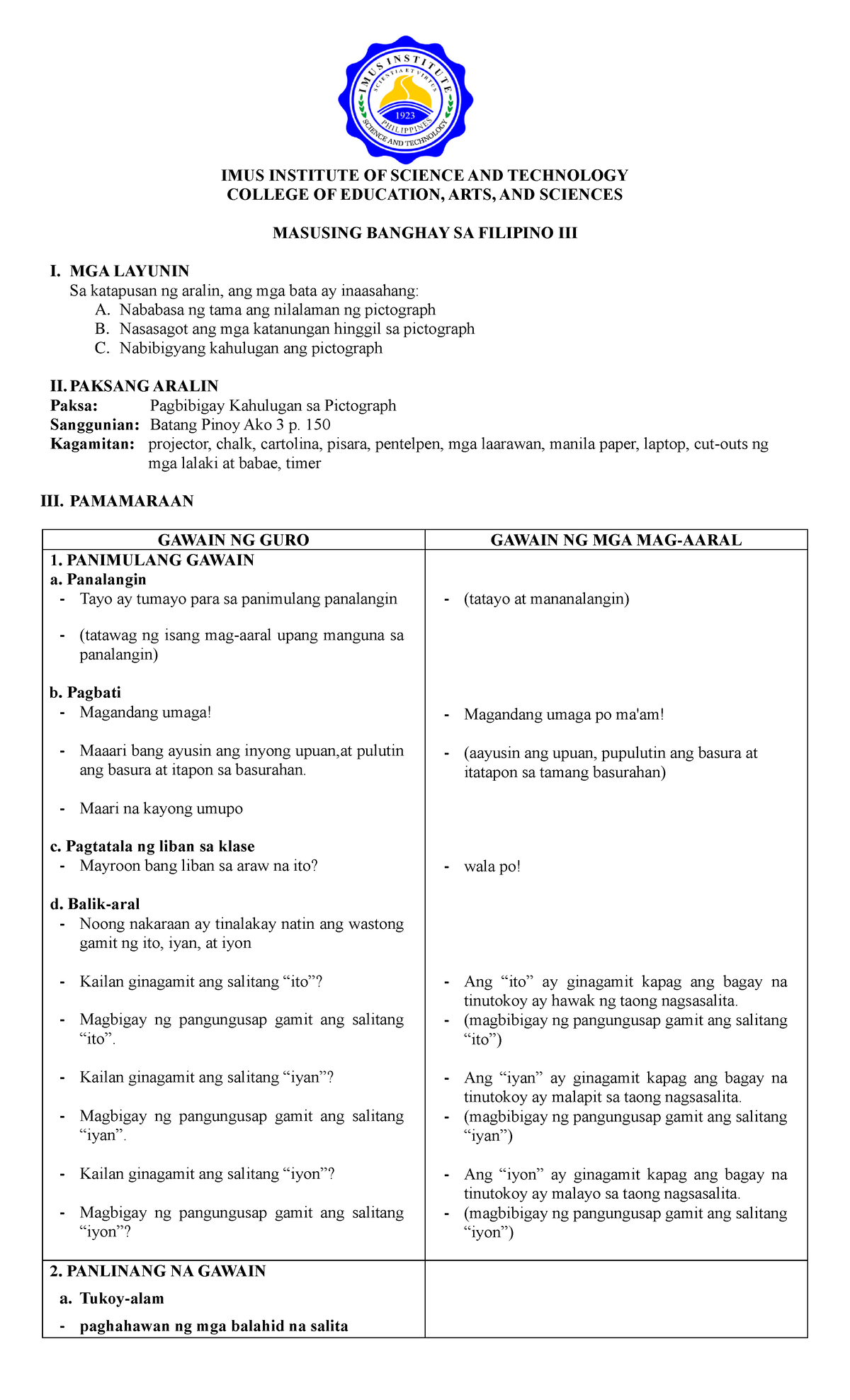 Detailed Lesson Plan in Filipino 5th Grader - IMUS INSTITUTE OF SCIENCE ...