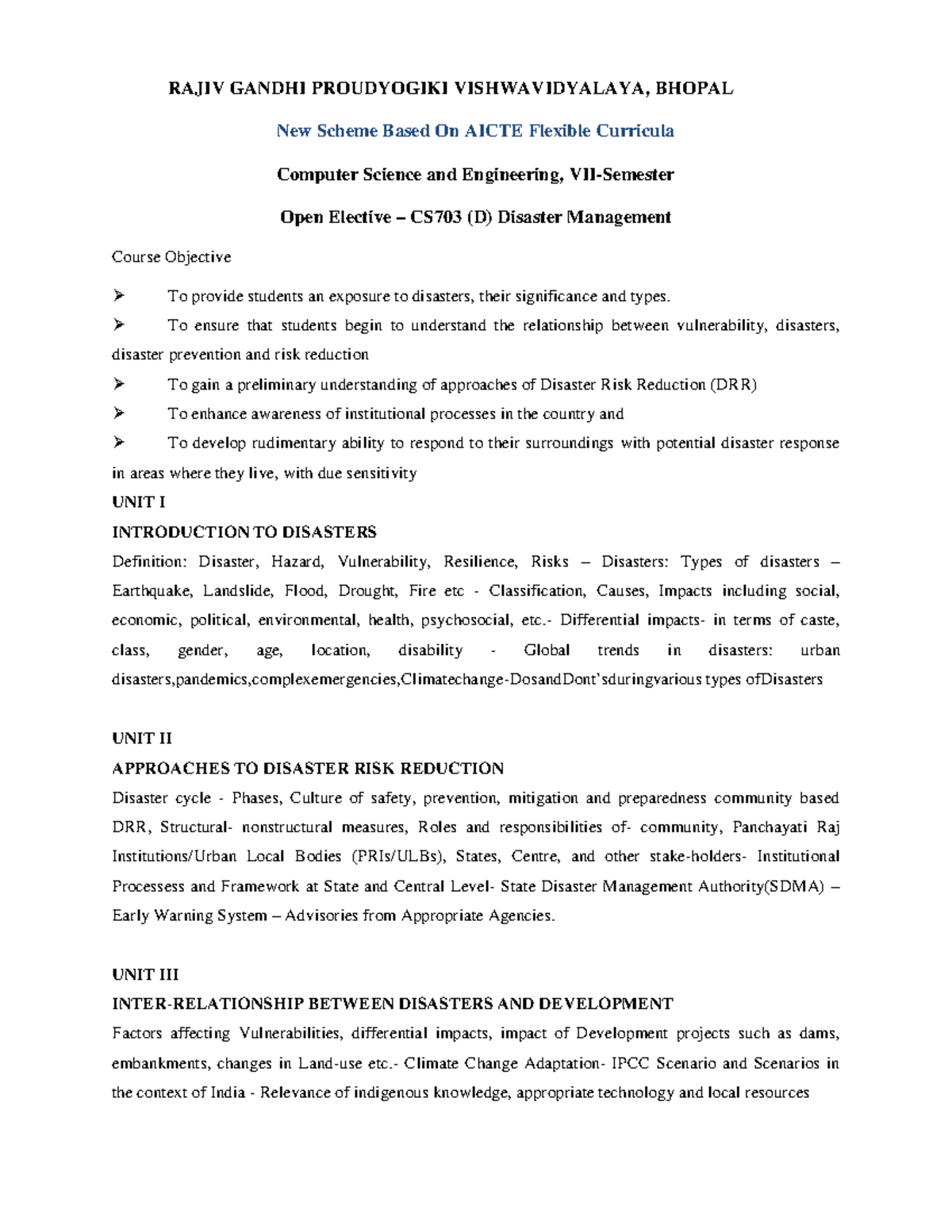 Disaster Management Syllabus - RAJIV GANDHI PROUDYOGIKI VISHWAVIDYALAYA ...