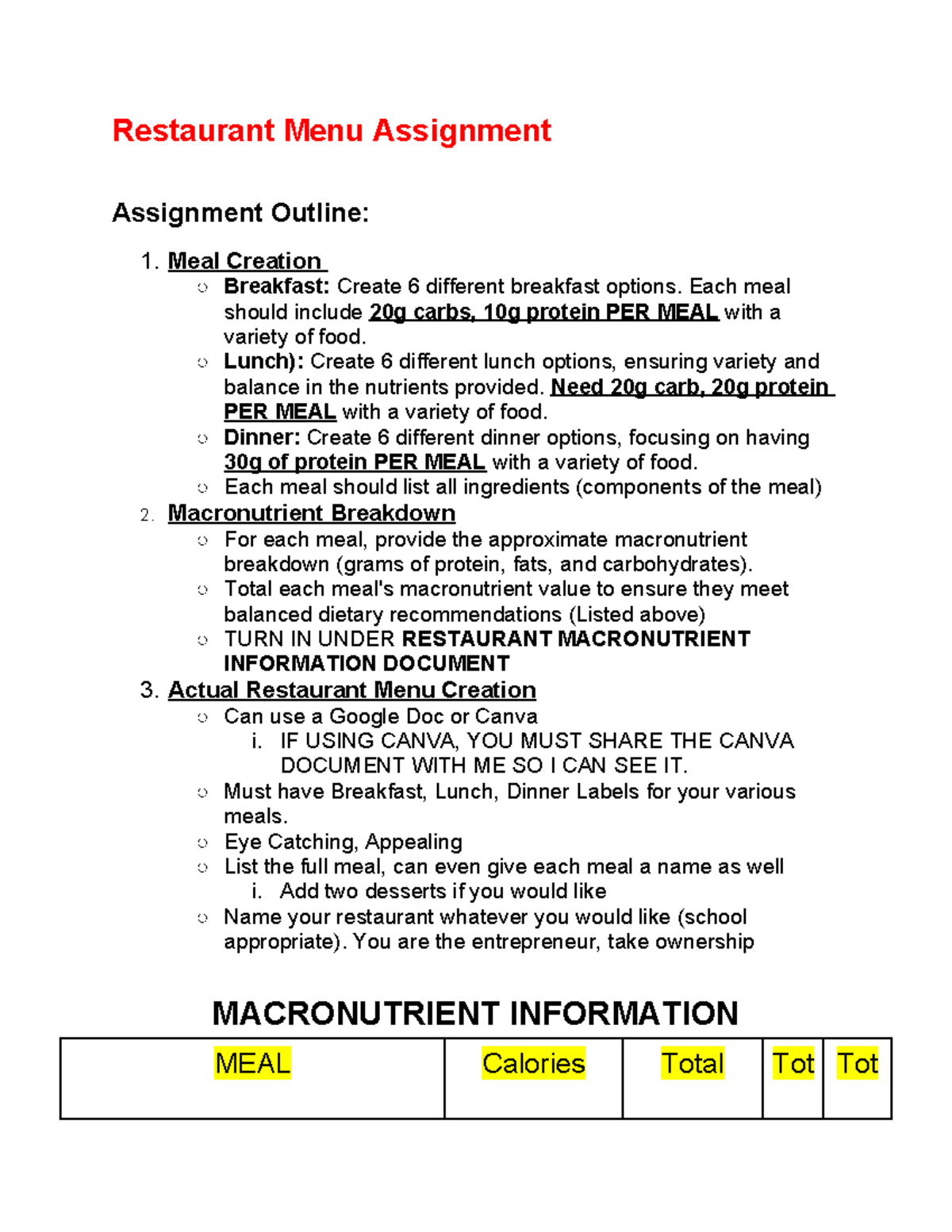 Collin Taylor - Restaurant Menu Assignment-8th Grade - Restaurant Menu Assignment Assignment ...