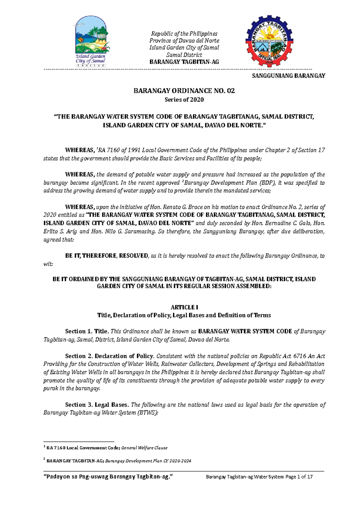 2 Water Ordinance Final - Republic of the Philippines Province of Davao ...