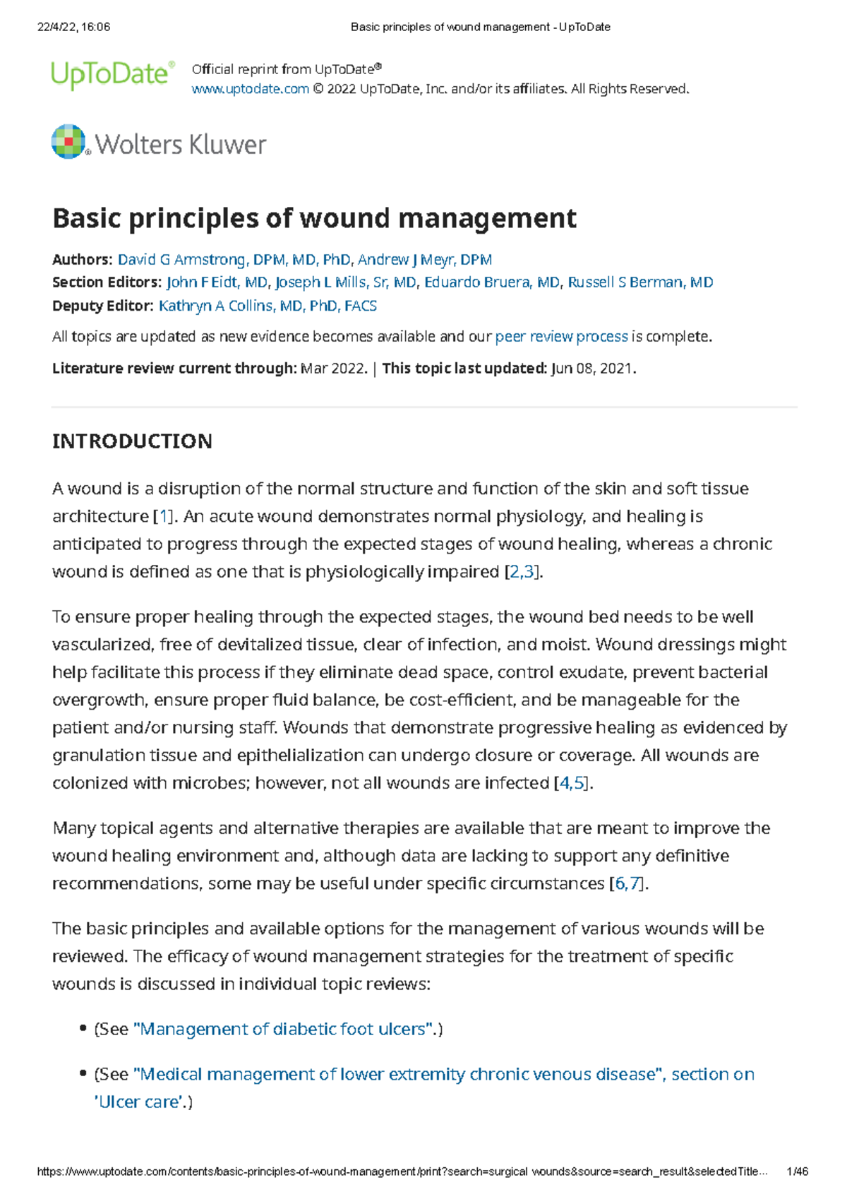 Basic principles of wound management - Up To Date - - Studocu
