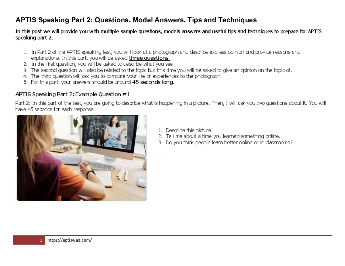Aptis Speaking Part 2 - APTIS Speaking Part 2: Questions, Model Answers ...