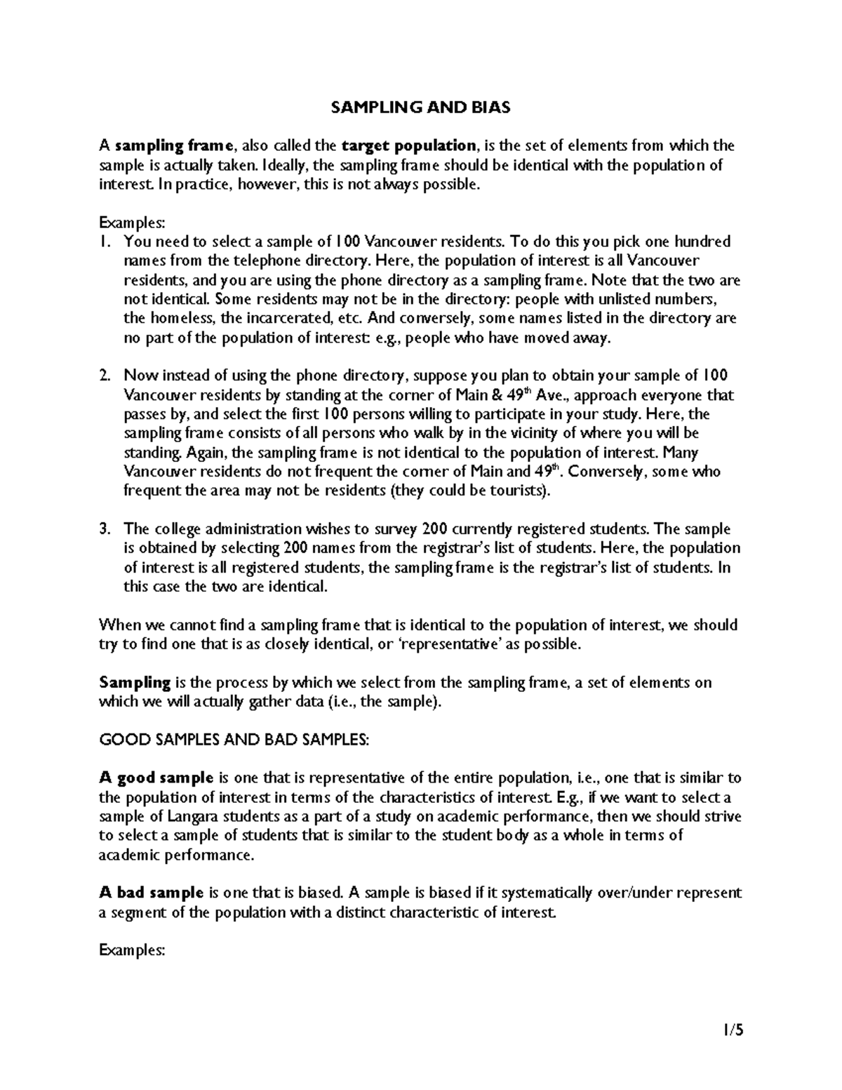 Sampling AND BIAS - SAMPLING AND BIAS A sampling frame , also called ...