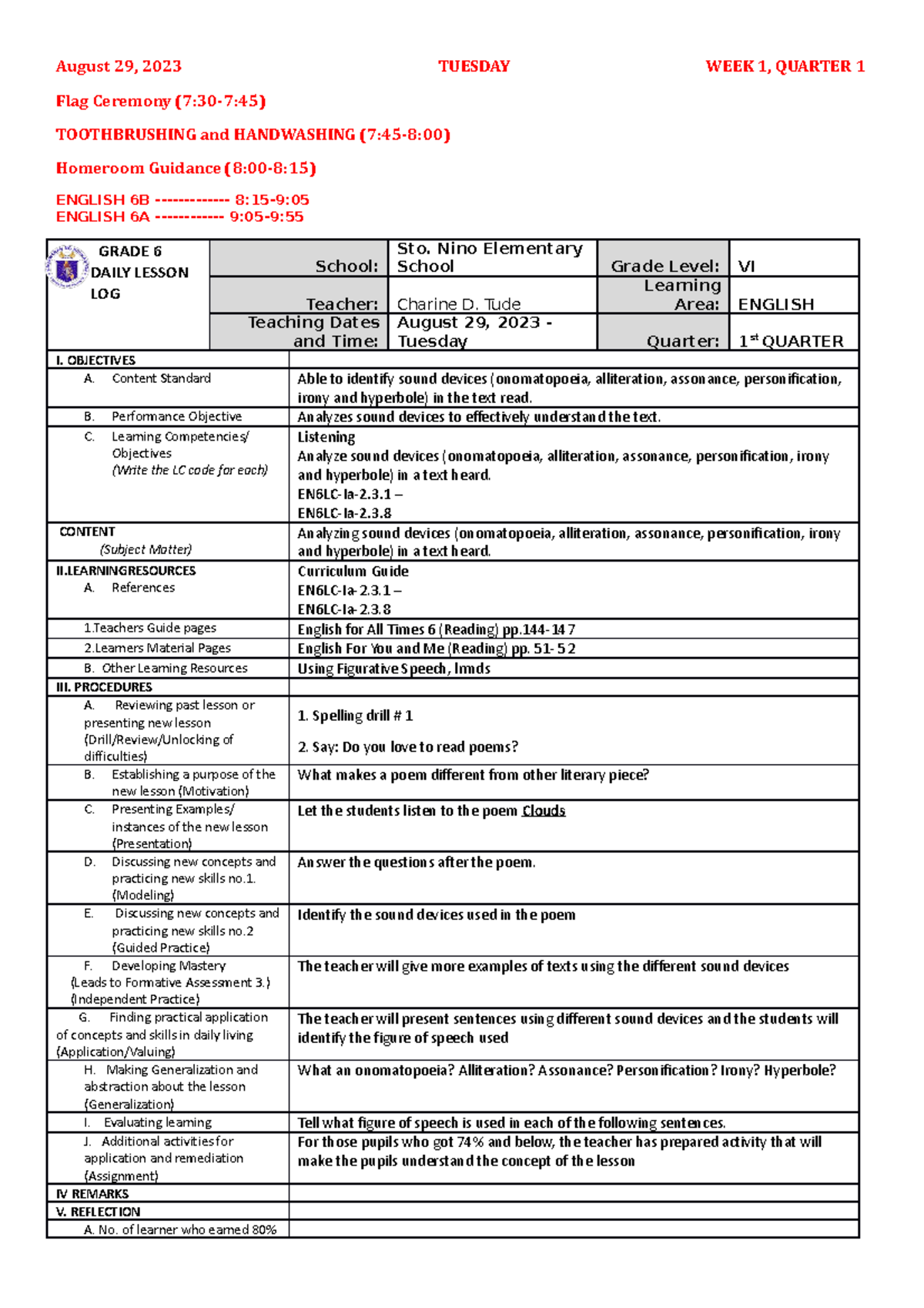 Week 1-Lesson Plan - August 29, 2023 TUESDAY WEEK 1, QUARTER 1 Flag ...