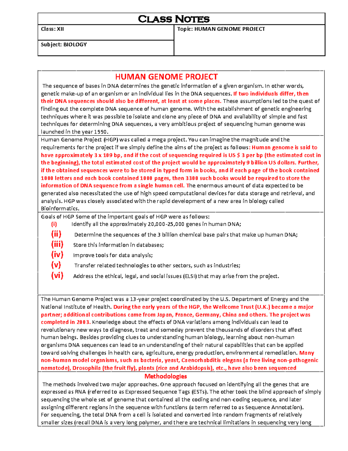 12-BIO - Jj sbn - Class Notes Class: XII Topic: HUMAN GENOME PROJECT ...