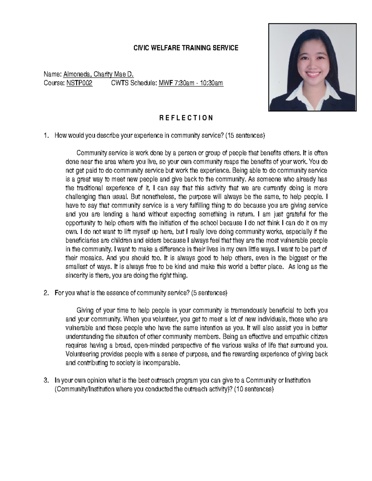 Reflection about Service to Others - CIVIC WELFARE TRAINING SERVICE ...