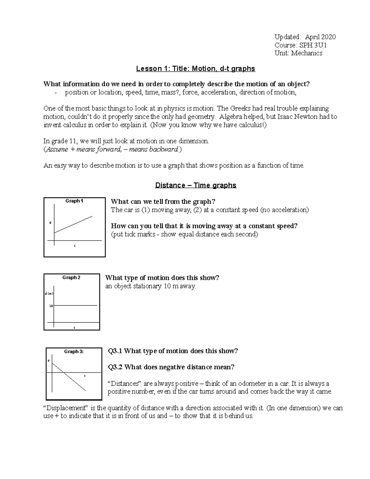 Lesson 1a-dt graphs and slope - Updated: April 2020 Course: SPH 3U Unit ...