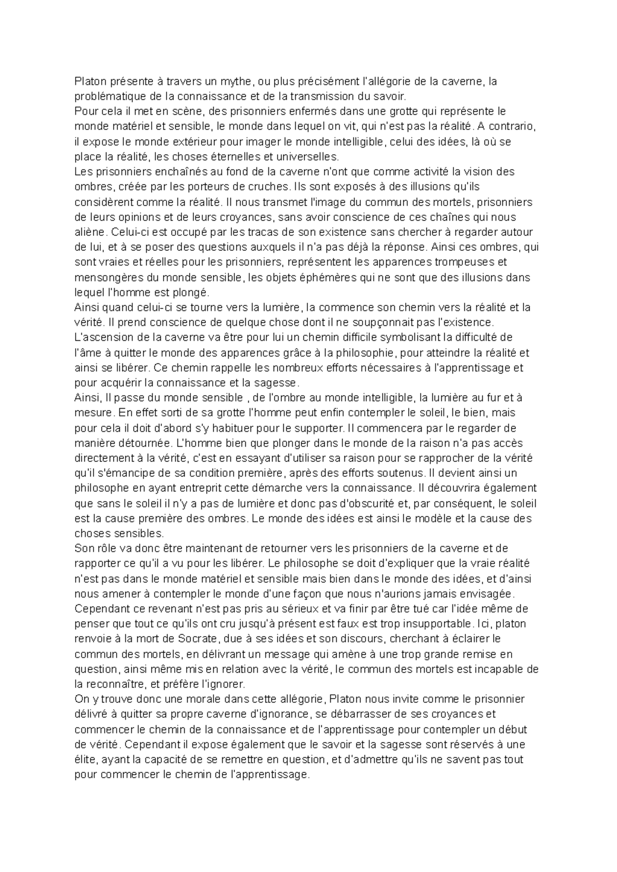 allégorie de la caverne - Platon présente à travers un mythe, ou plus ...