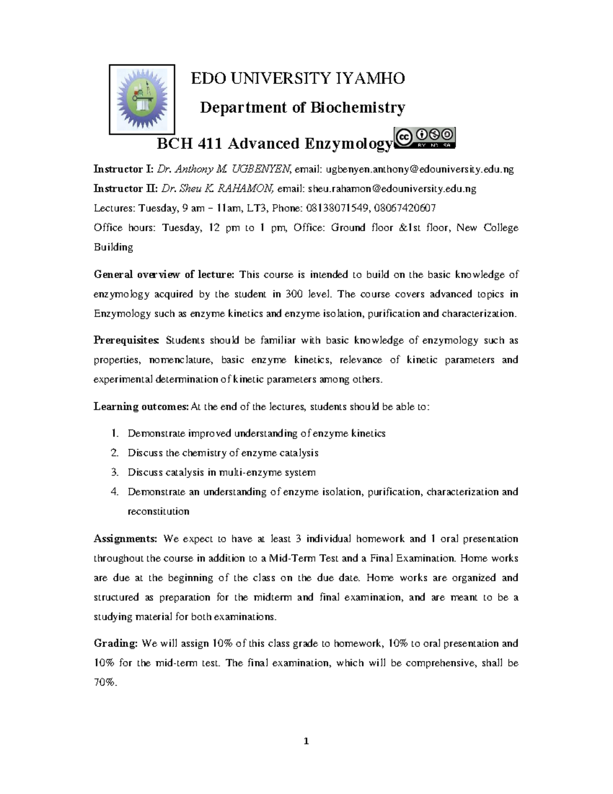 Advanced enzymology lecture note - EDO UNIVERSITY IYAMHO Department of ...