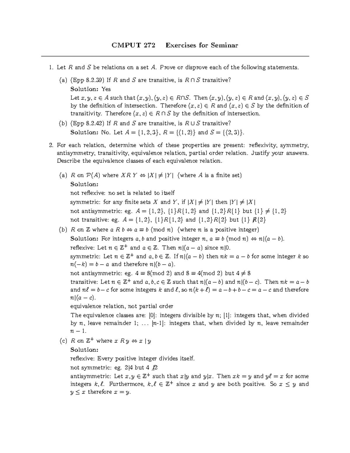 Seminar 10-sol - Practice - CMPUT 272 Exercises for Seminar Let R and S be relations on a set A ...