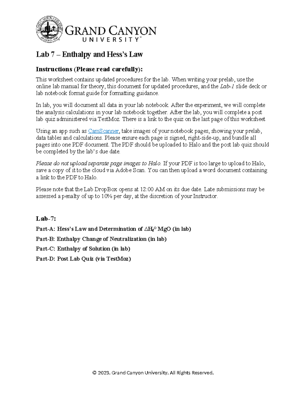 CHM113L L7 Enthalpy Updated Procedures SP24 - Lab 7 – Enthalpy and Hess ...