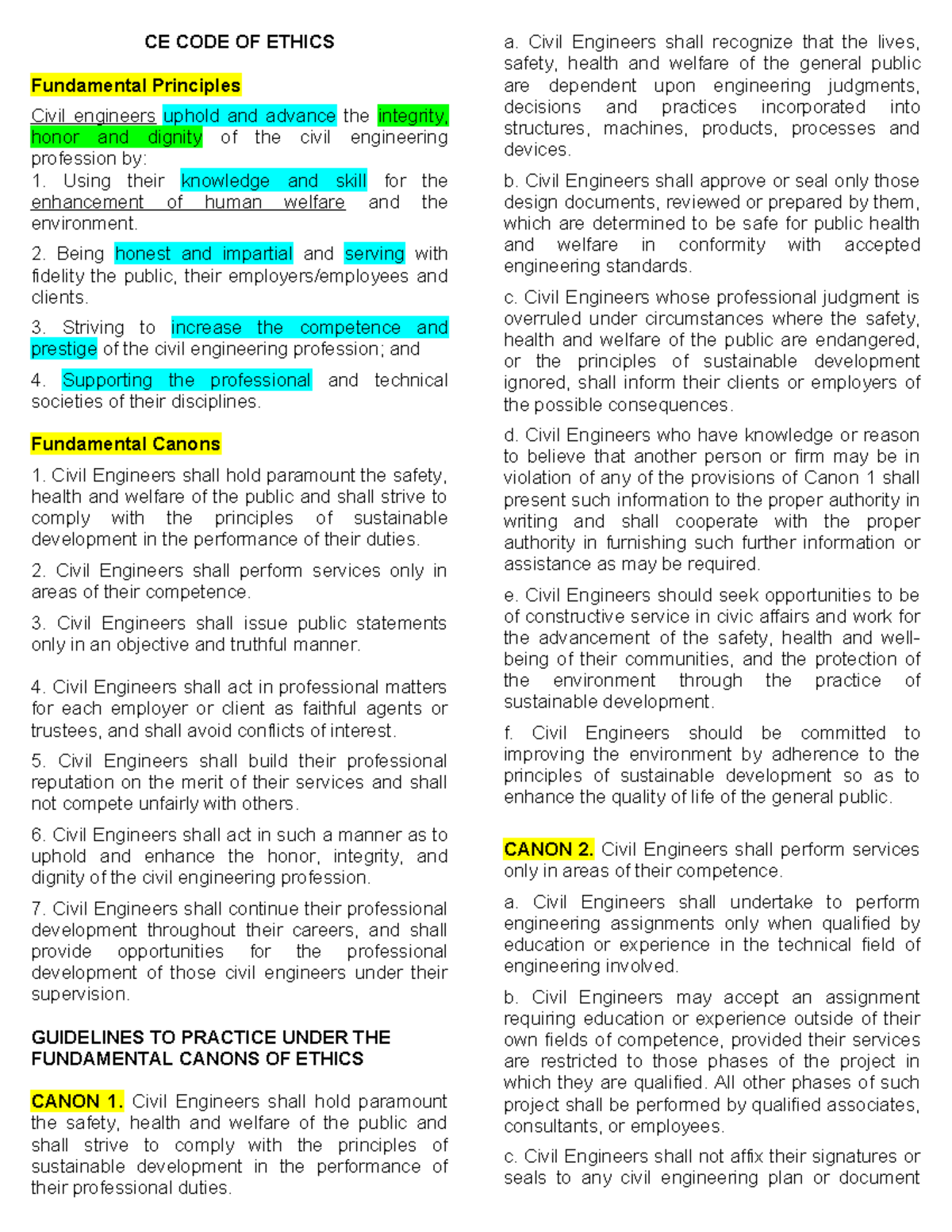 Reviewer-ce-laws - CE CODE OF ETHICS Fundamental Principles Civil ...