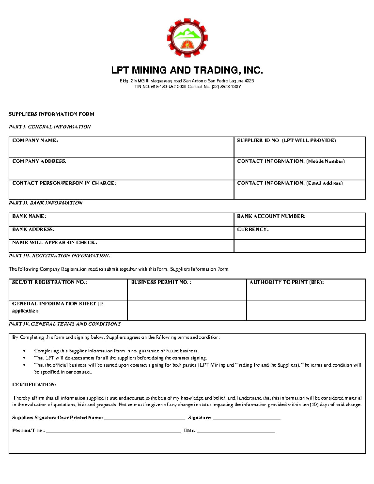 Suppliers Application FORM - LPT MINING AND TRADING, INC. Bldg. 2 MMG ...
