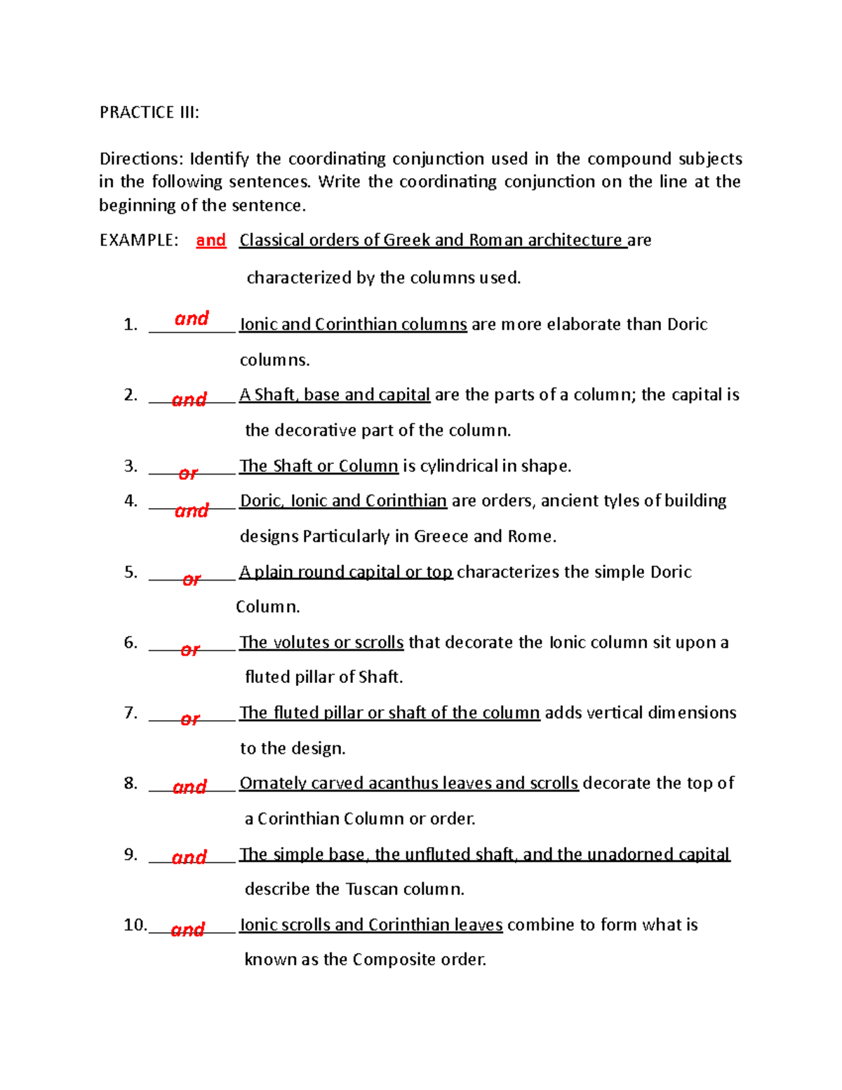 Practice III - coordinating conjunction - PRACTICE III: Directions ...