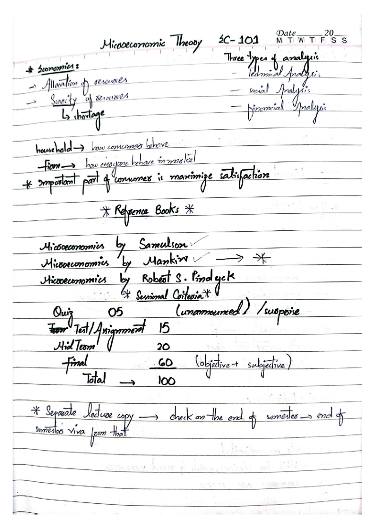 Economics - lecture notes - Date 20 Micooeconomic Theory 101 M ITWTFSI ...