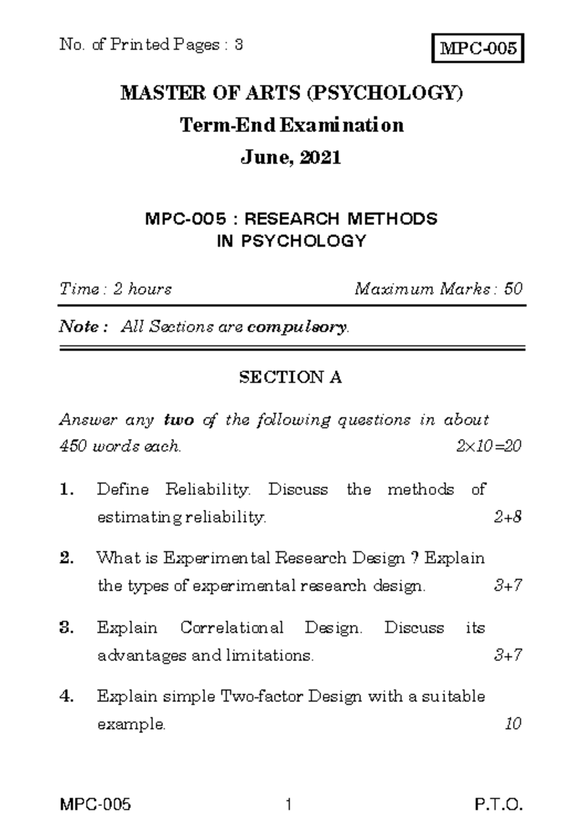 MPC-5 - Research methadology previous year question paper - MPC-005 1 P ...