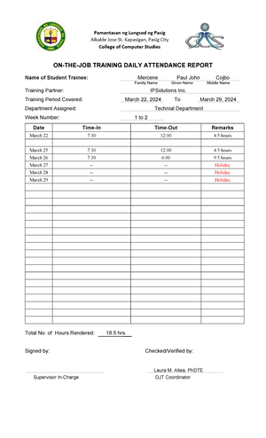 Weekly-progress-report - OJT WEEKLY PROGRESS REPORT Name of Student Trainee: Mercene Paul John ...