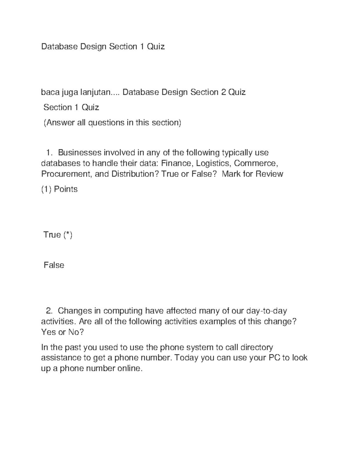 Database Design Section 1 Quiz - ... Database Design Section 2 Quiz ...
