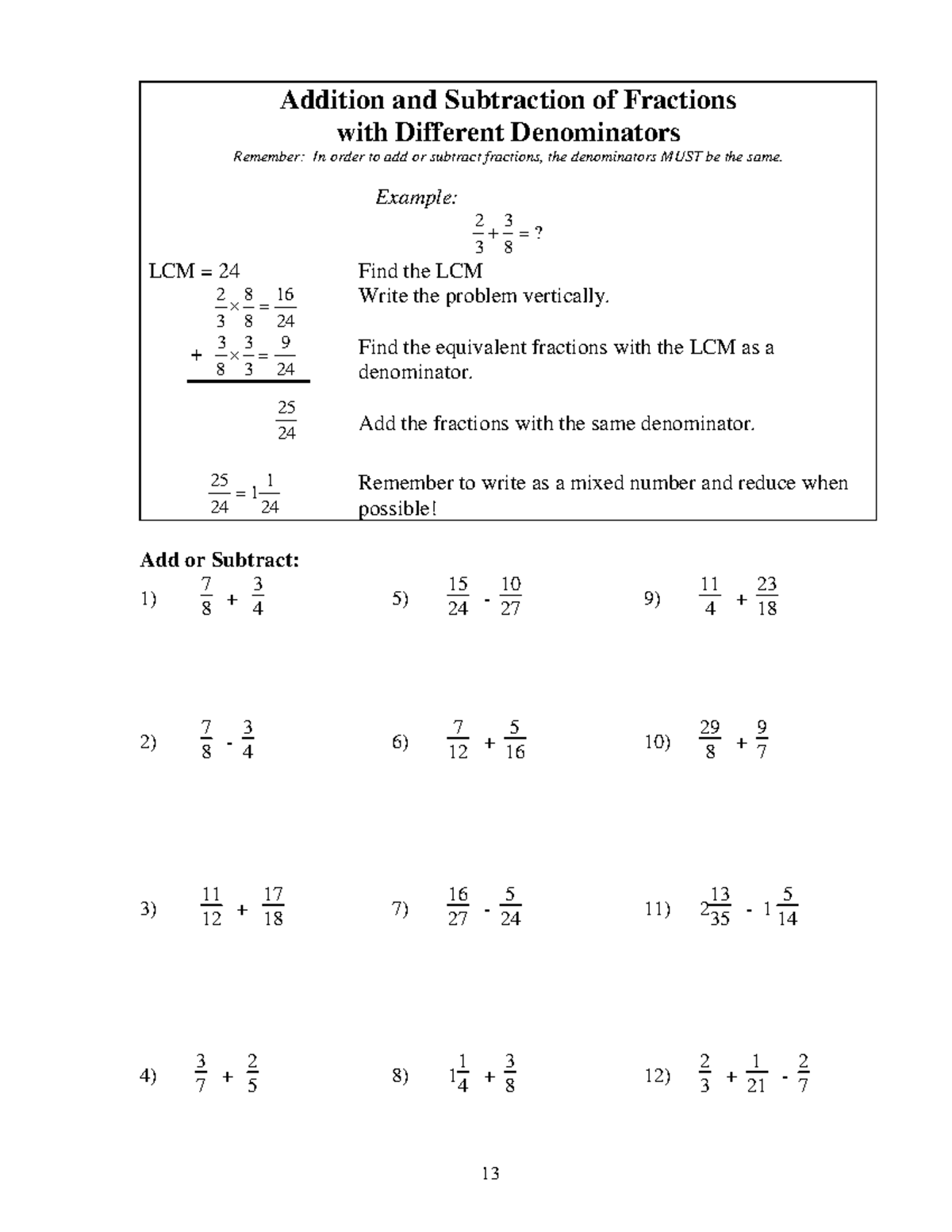 Fractions Day 2 hw - tea - 13 Addition and Subtraction of Fractions ...