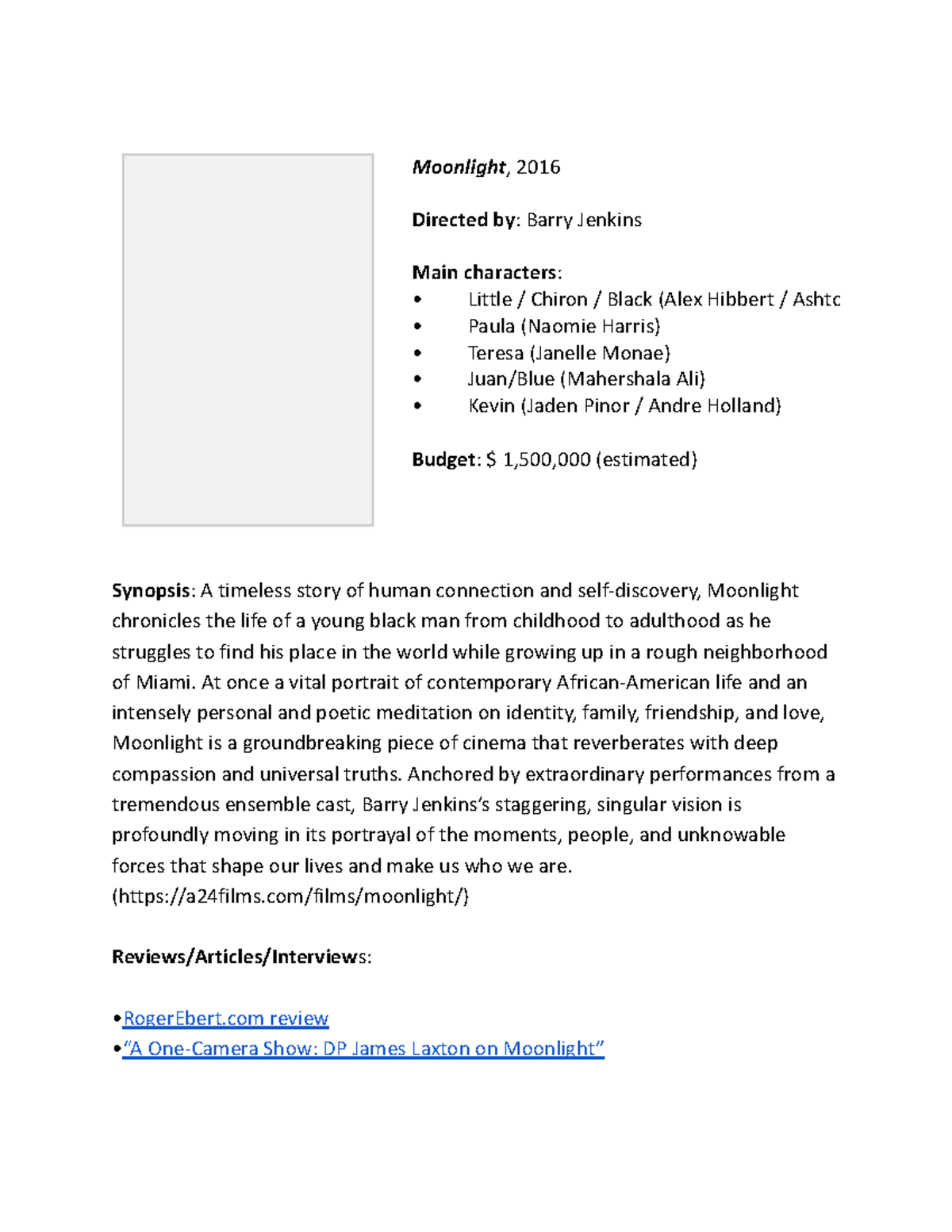 Moonlight, 2016 - Google Docs - Moonlight, 2016 Directed by: Barry ...