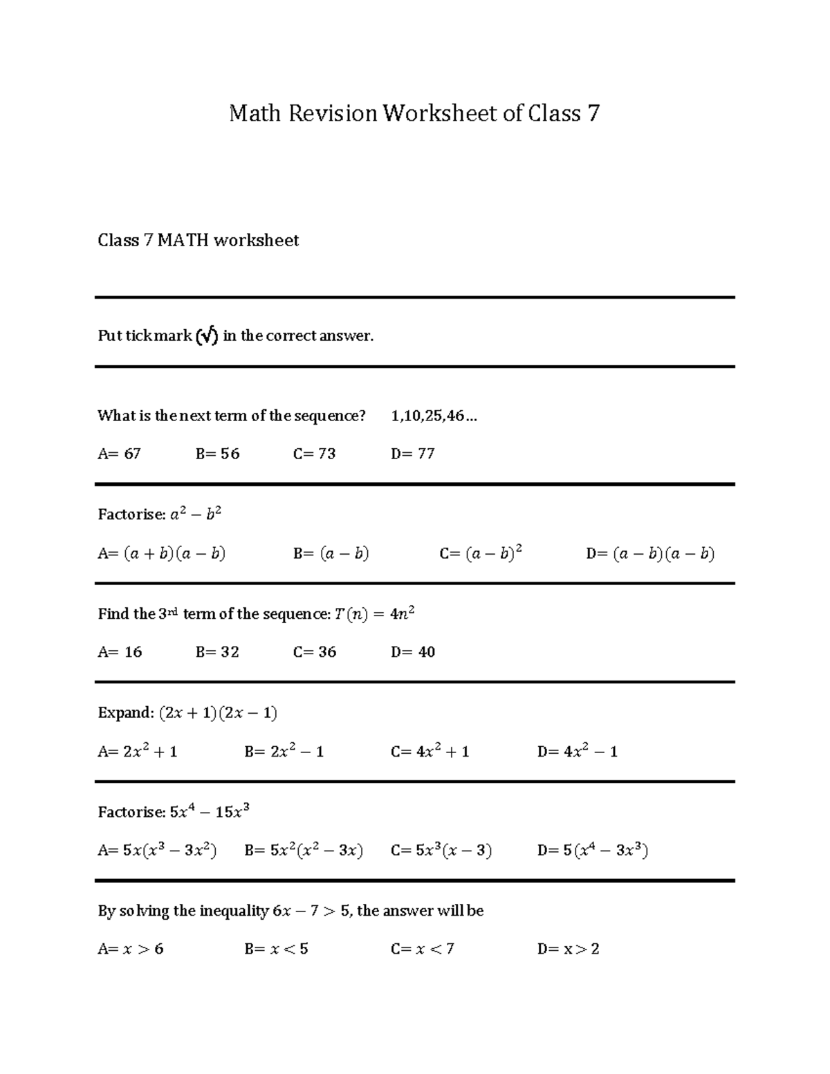 7th Standard Revision Worksheet Without Answers Math Revision 7th Standard Revision Worksheet Without Answers Math Revision