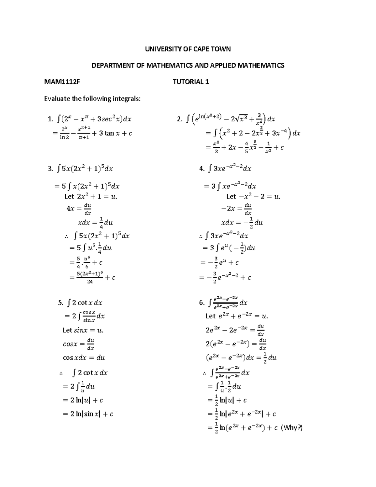 Tutorial 1 Solutions - UNIVERSITY OF CAPE TOWN DEPARTMENT OF ...