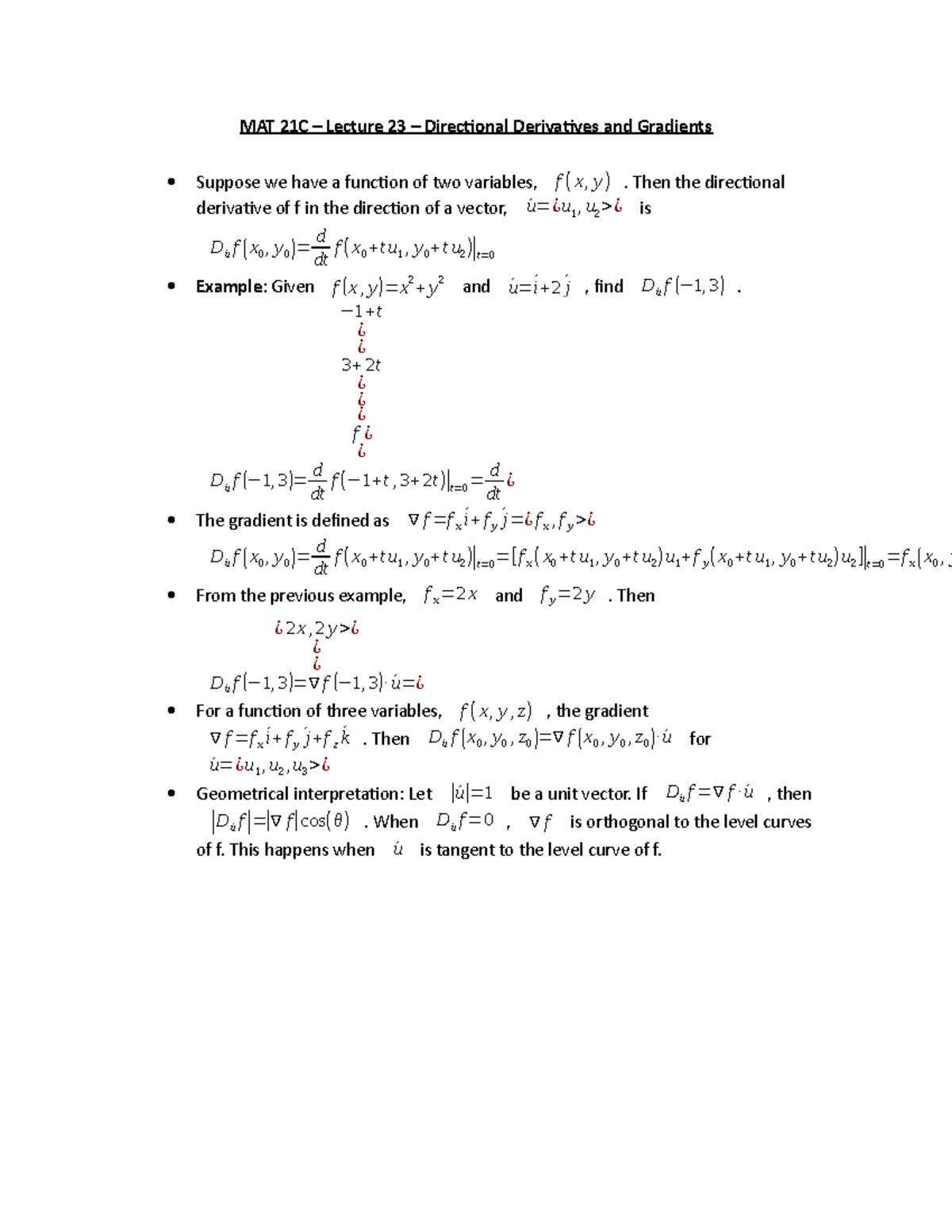 Mat 21c Lecture 23 Directional Derivatives And Gradients Mat 21c Lecture 23 Directional