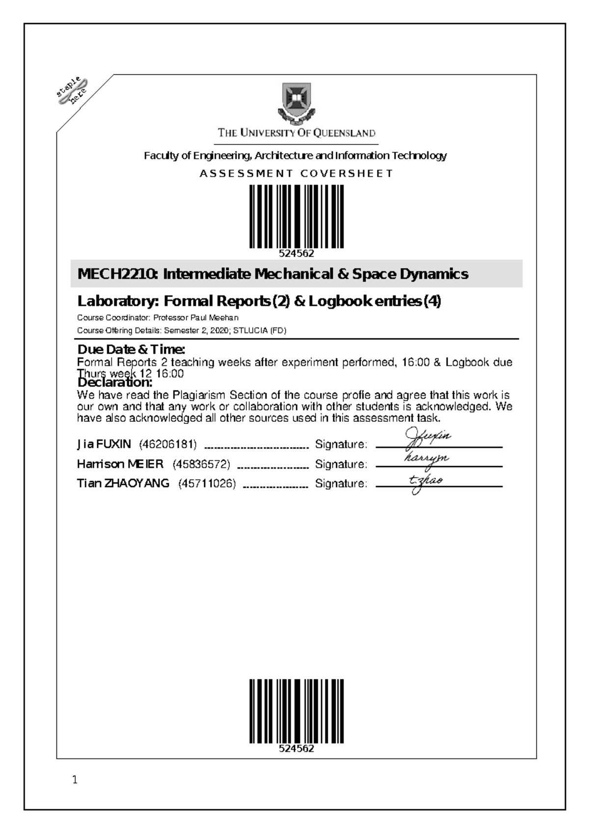 MECH2210 Experiment 4: 3D Gyroscope Dynamics Lab Report - stapl e here ...