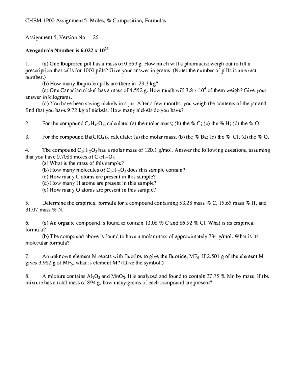 Assignment 5 - Moles, % Composition, Formulas Assignment 5, Version No ...