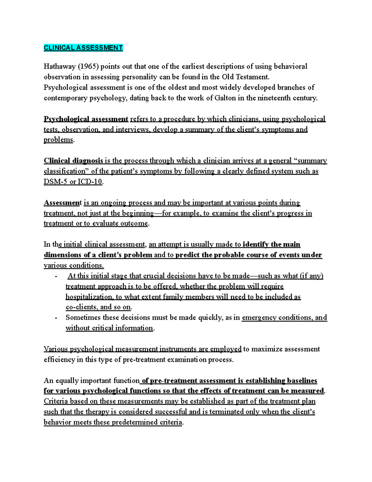 Clinical assessment - CLINICAL ASSESSMENT Hathaway (1965) points out ...