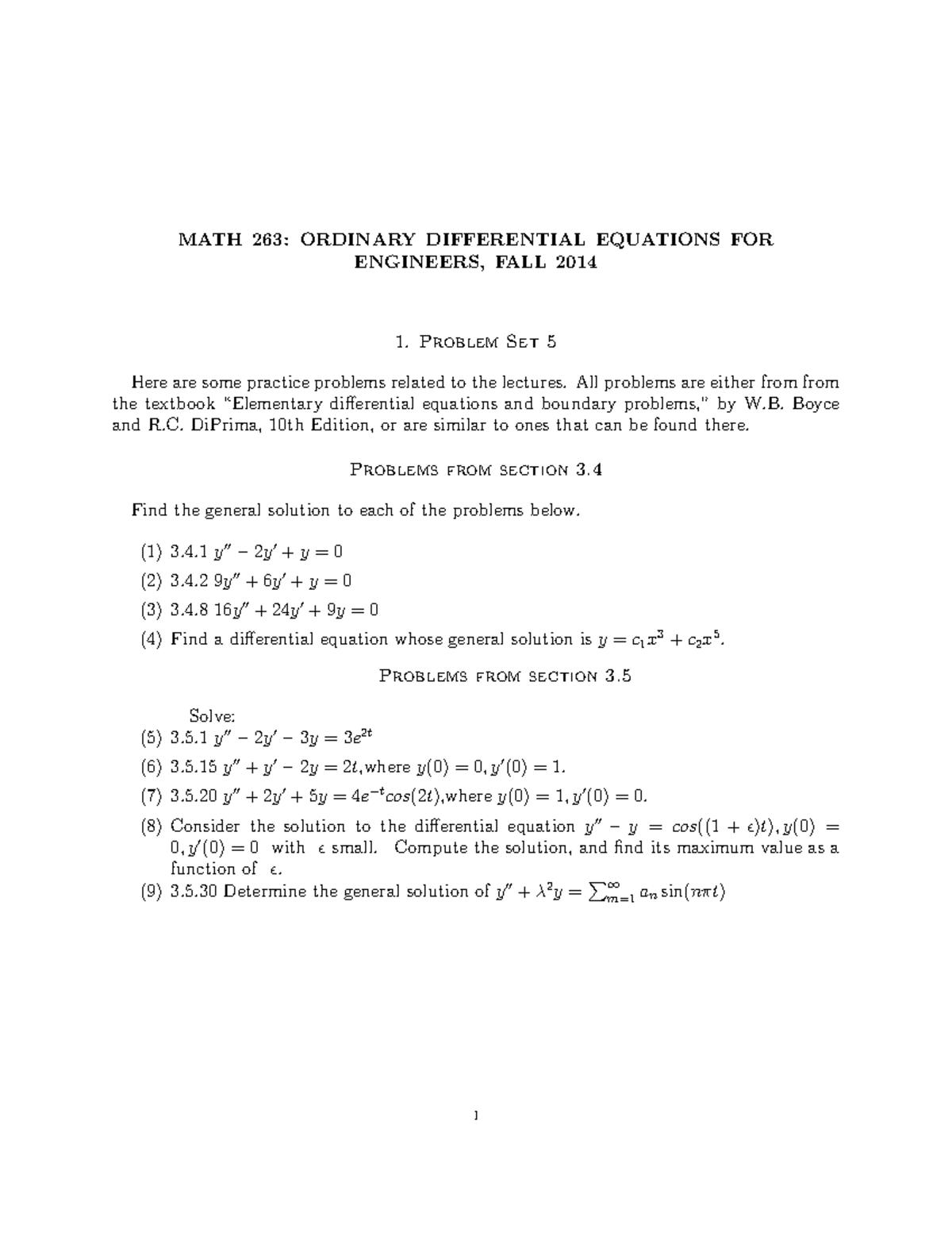 Problem Set 5 Math 263 Ordinary Differential Equations For Engineers Fall 2014 Problem Set 5