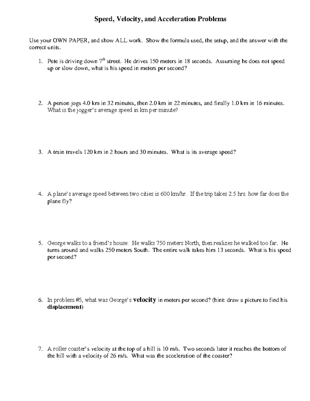 Speed velocity And Acceleration Problems Speed Velocity And