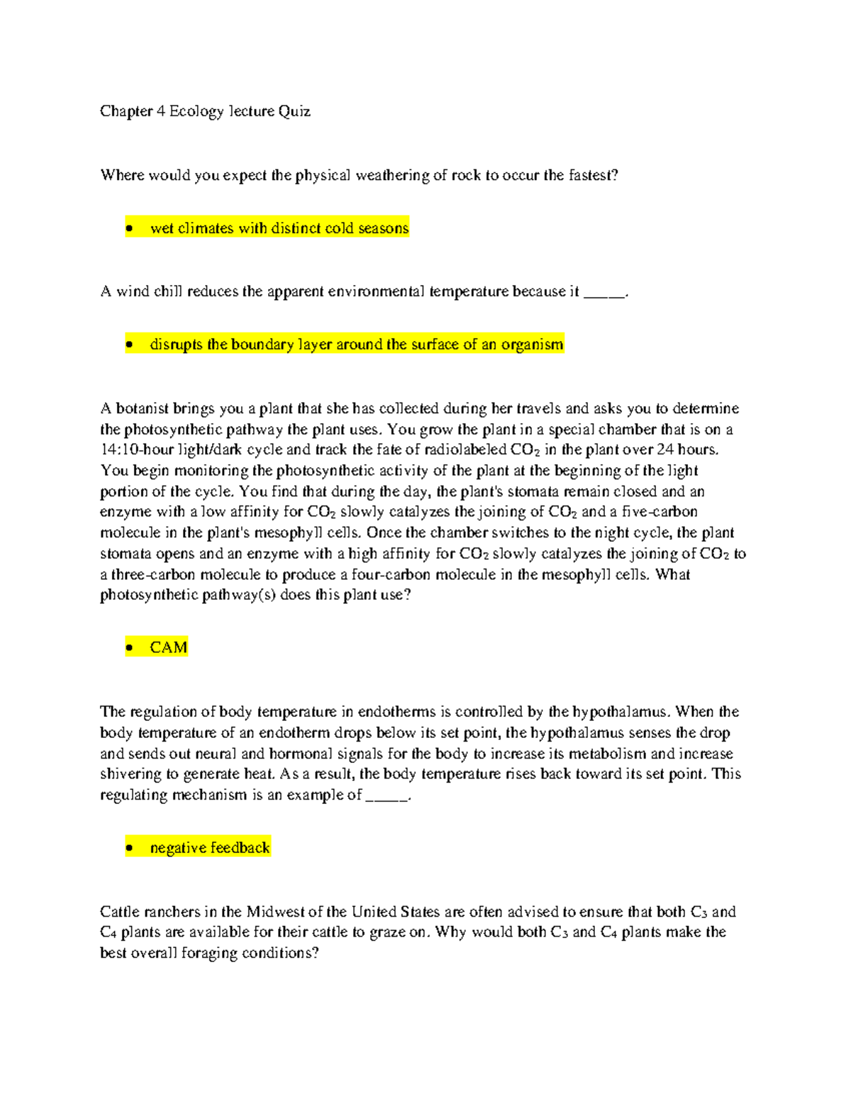 Chapter 4 Ecology lecture Quiz with answers - Chapter 4 Ecology lecture ...
