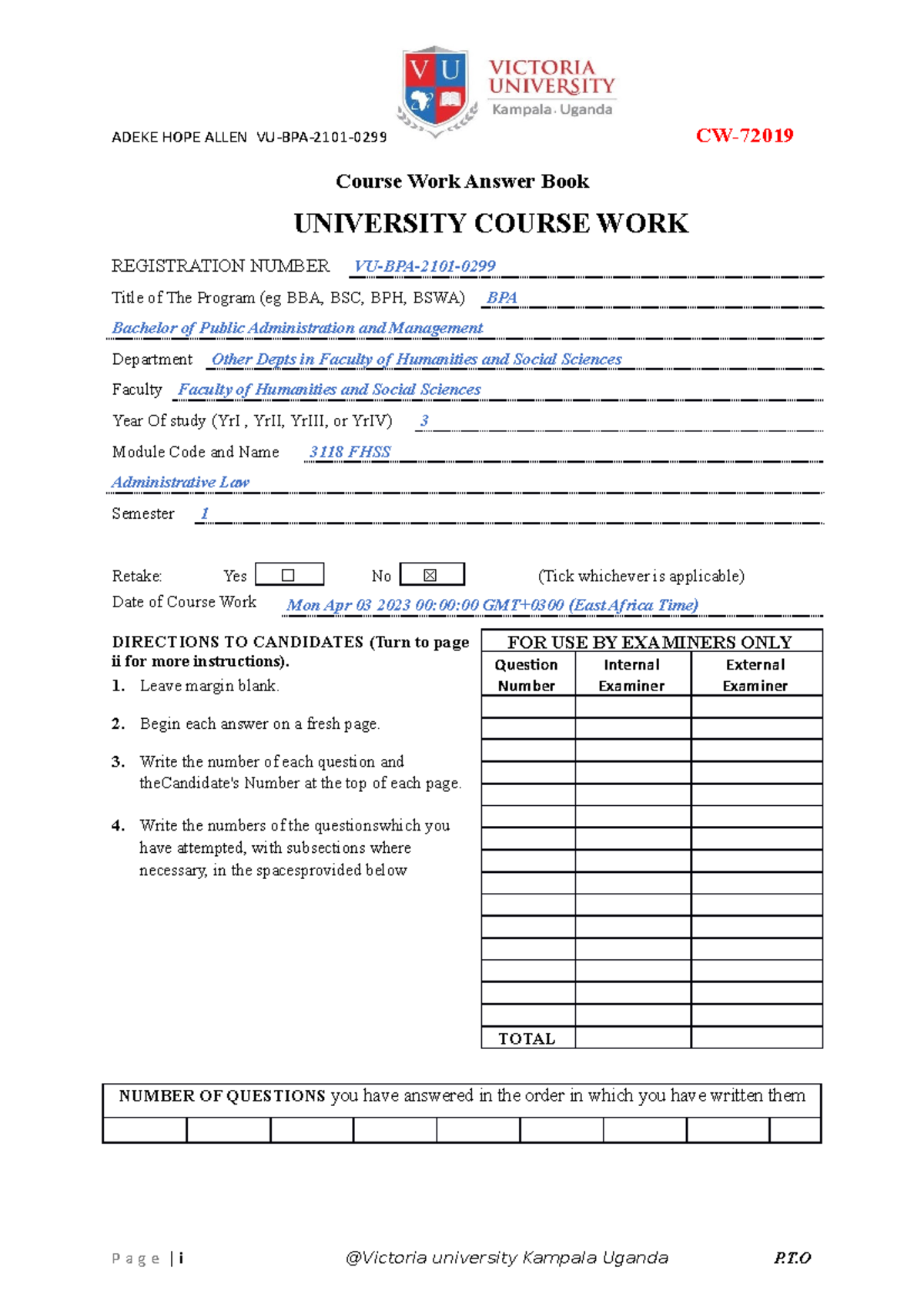 VU-BPA-2101-0299 - Course Work Answer Book UNIVERSITY COURSE WORK ...