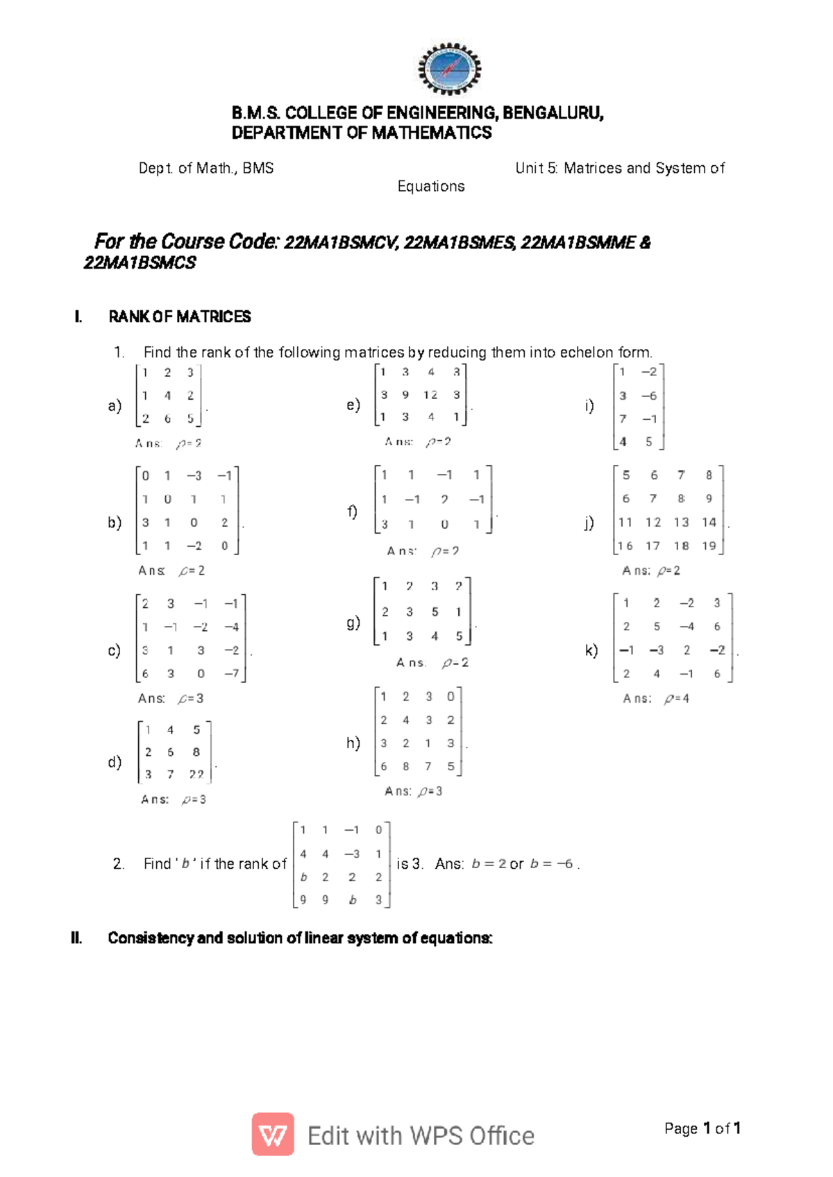 UNIT 5 Matrices and System of Equations - B.M.S,BENGALURU ...