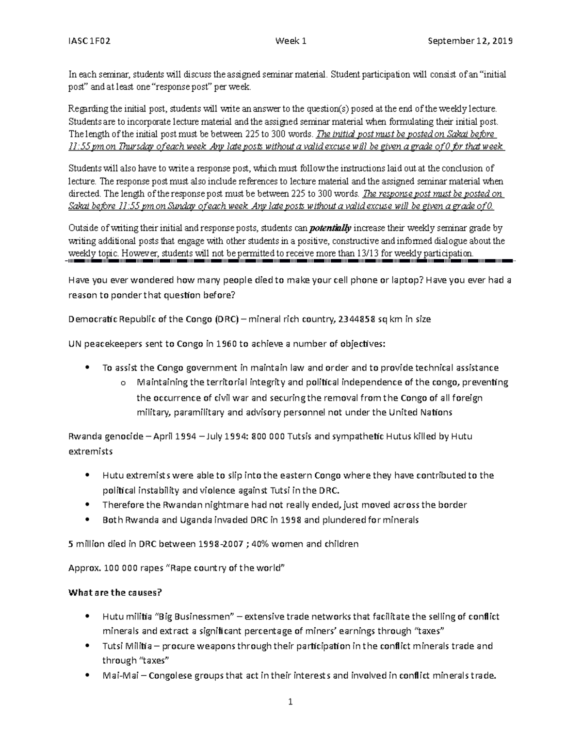 Week 1 - Lecture notes - In each seminar, students will discuss the ...