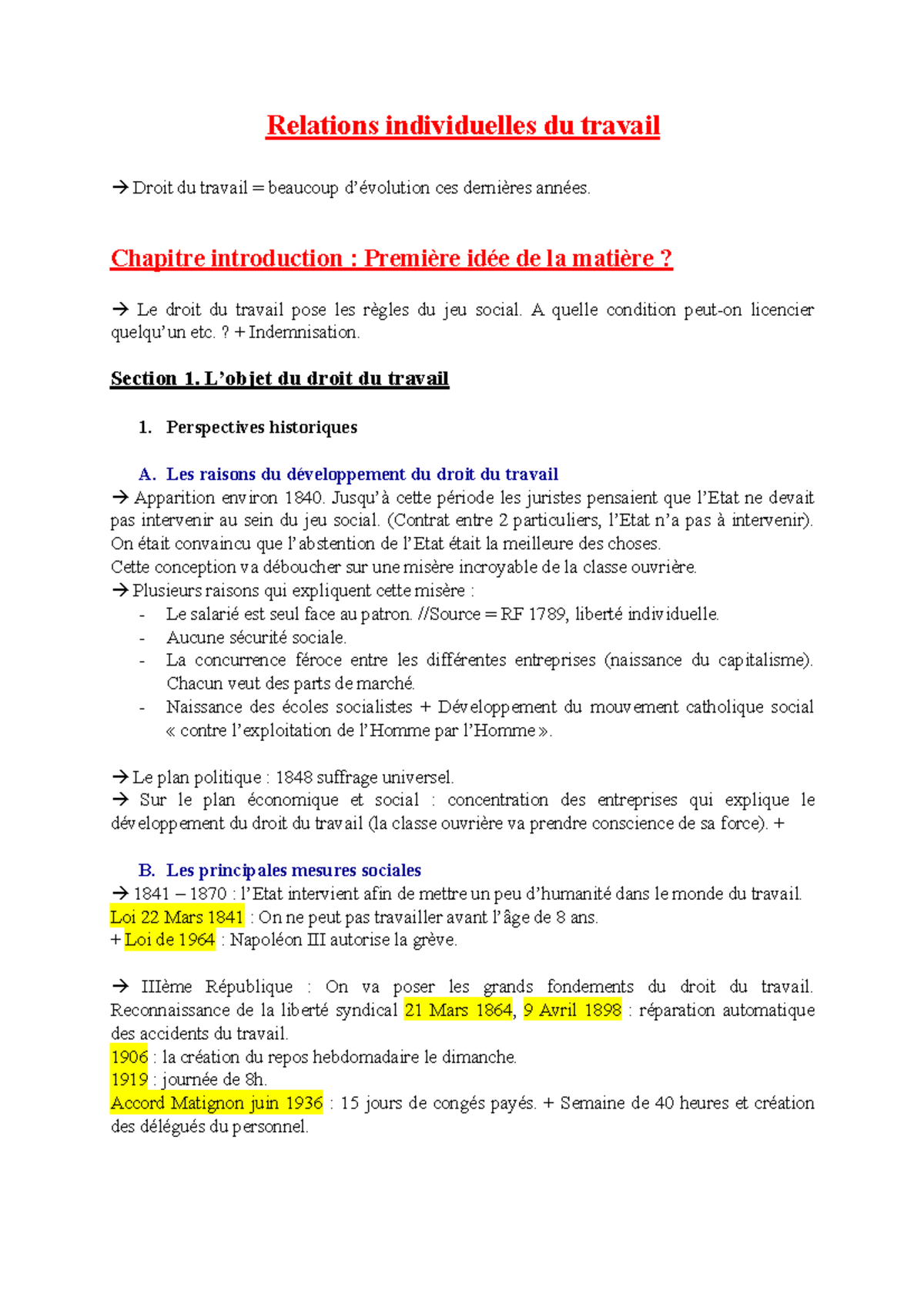 Relations individuelles du travail - Chapitre introduction : Première idée de la matière ? ! Le ...