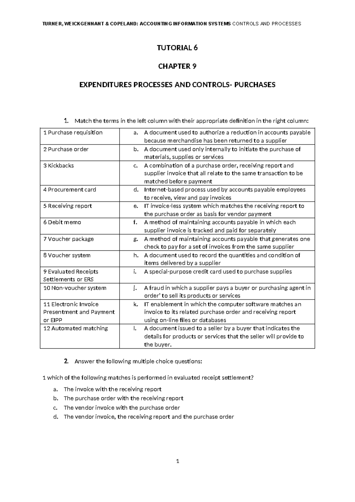 AIS Tutorial Chapter 9 - TUTORIAL 6 CHAPTER 9 EXPENDITURES PROCESSES ...