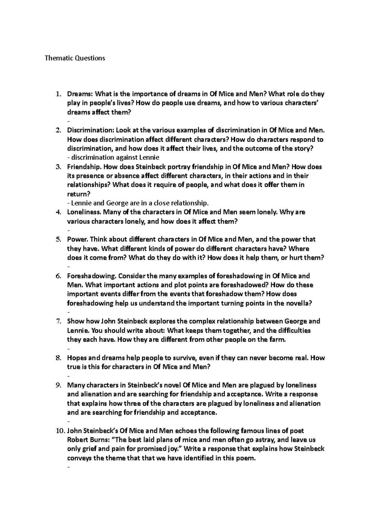 Of Mice And Men Thematic Questions - Thematic Questions 1. Dreams: What ...
