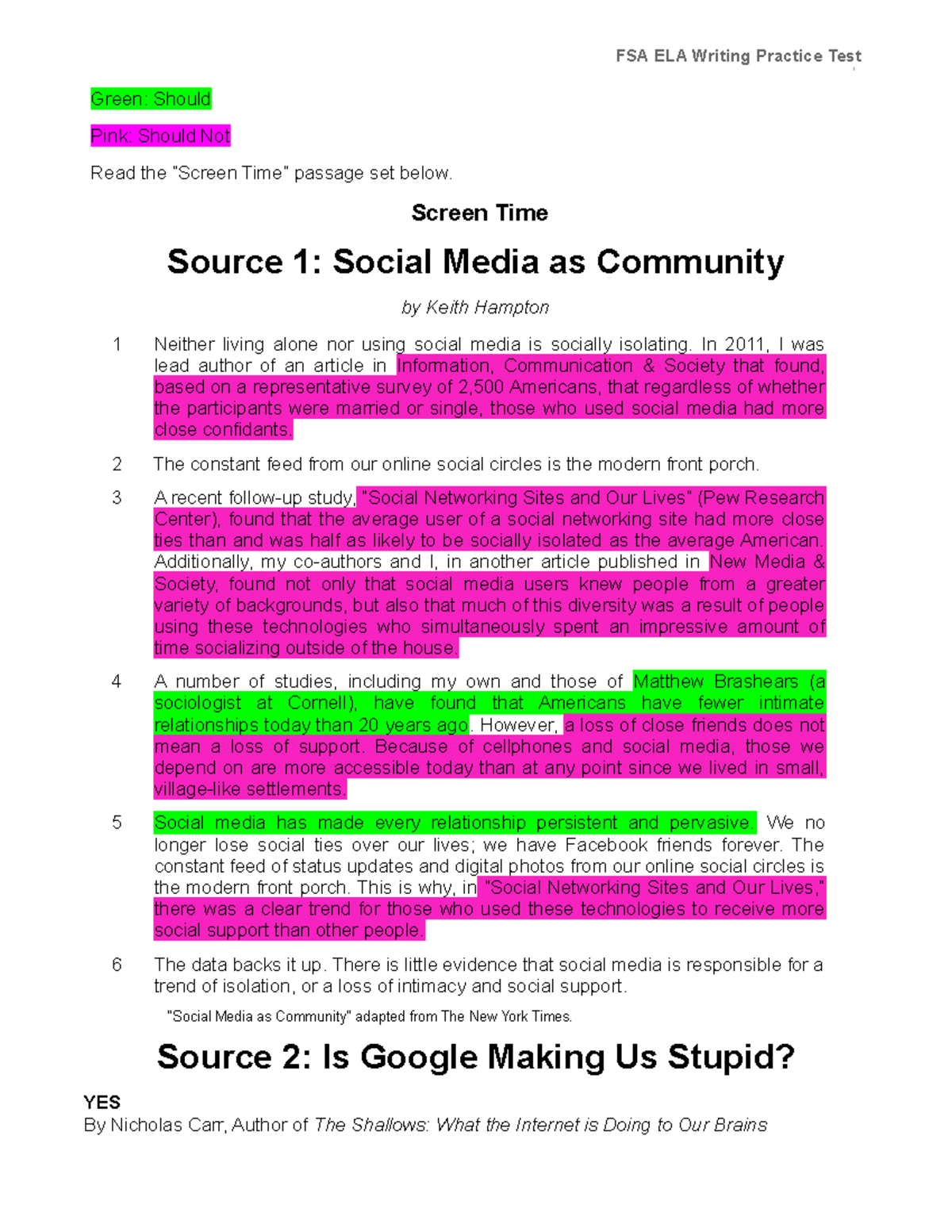 Copy of “Screen Time” Passage Set - Green: Should Pink: Should Not Read ...