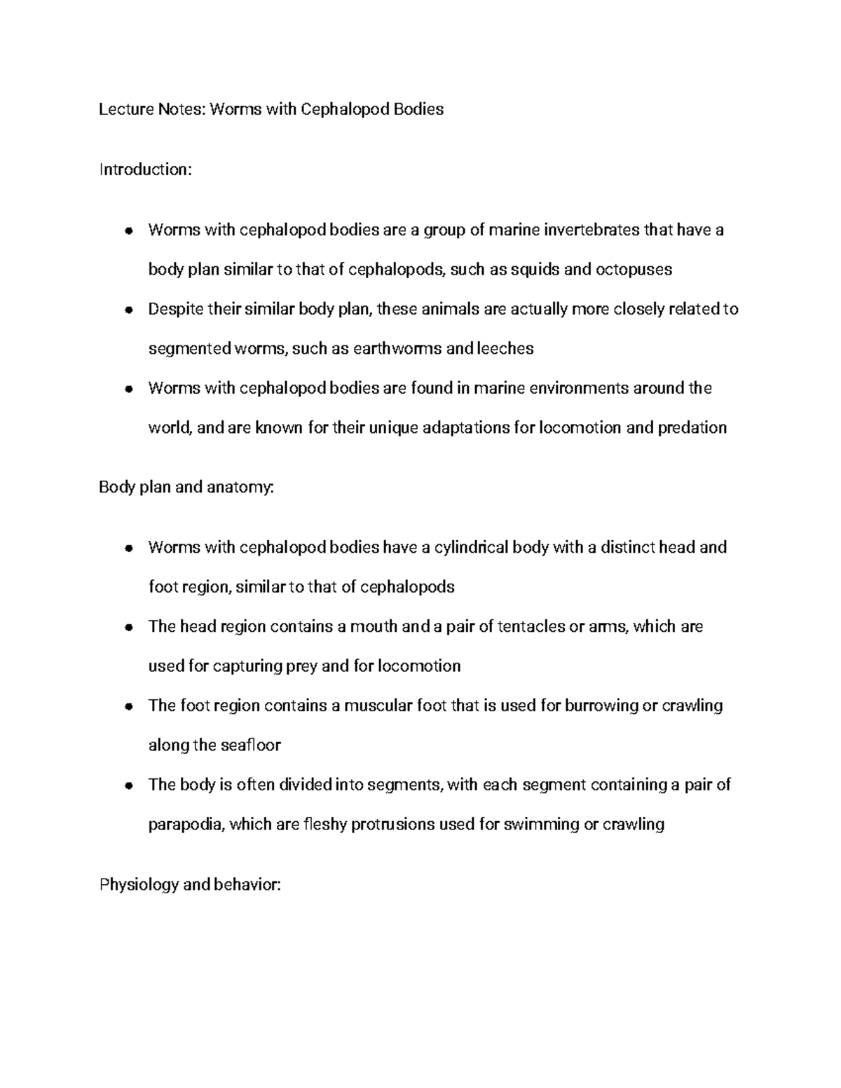 Lecture Notes Worms with Cephalopod Bodies - Lecture Notes: Worms with ...