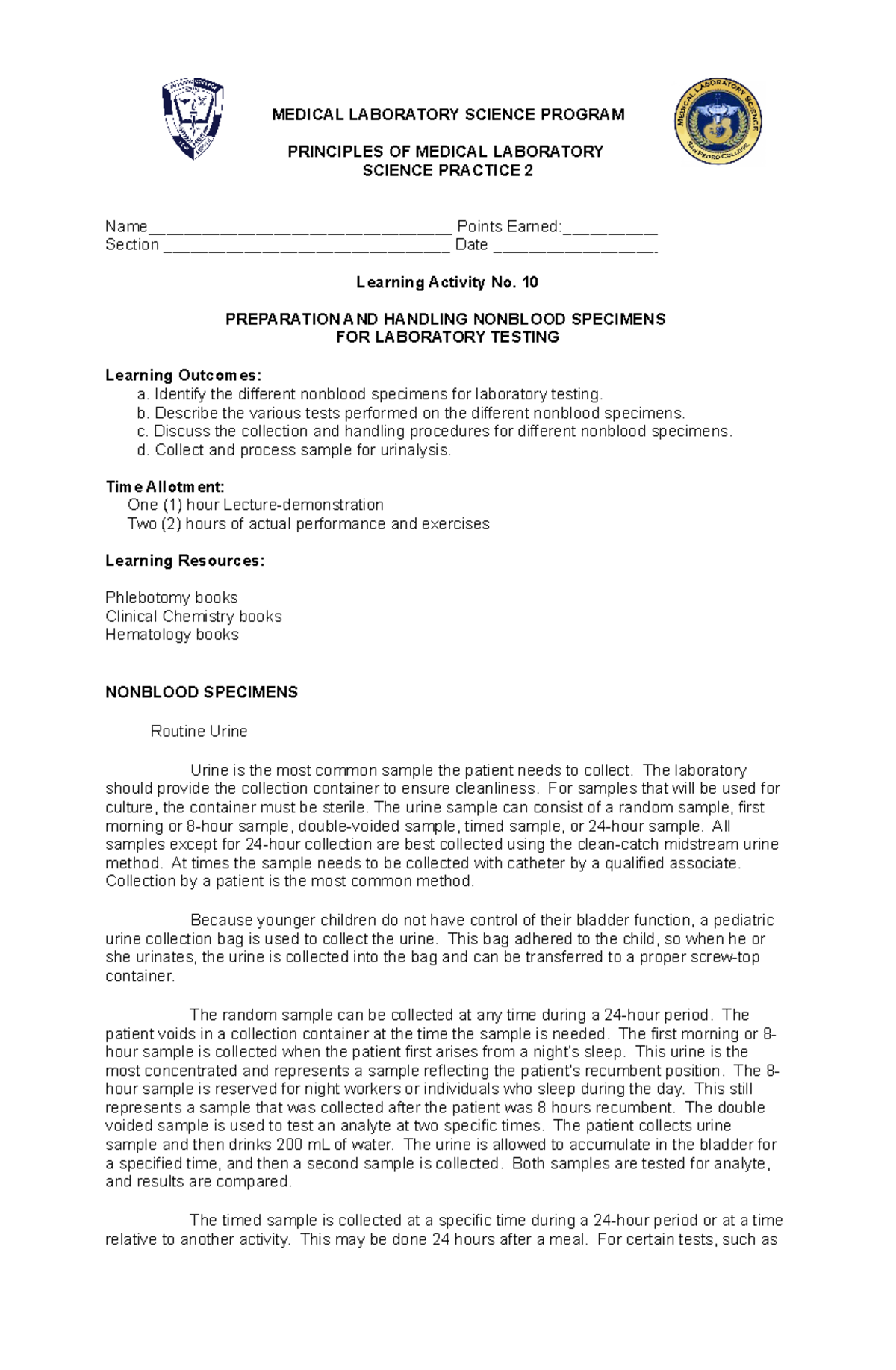 10 Preparation AND Handling of Nonblood Specimens - MEDICAL LABORATORY ...