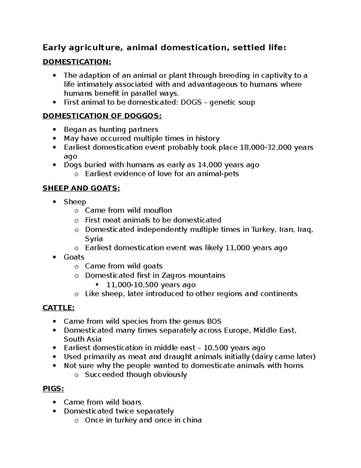 Notes April 8 - Mikel - Early agriculture, animal domestication ...