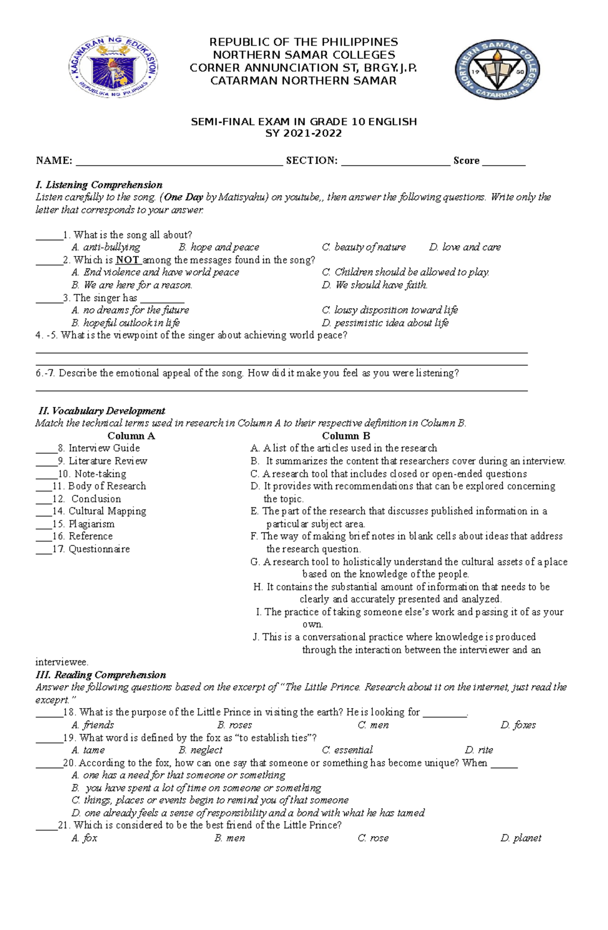 SEMI- Final Grade ENG10 - REPUBLIC OF THE PHILIPPINES NORTHERN SAMAR COLLEGES CORNER ...