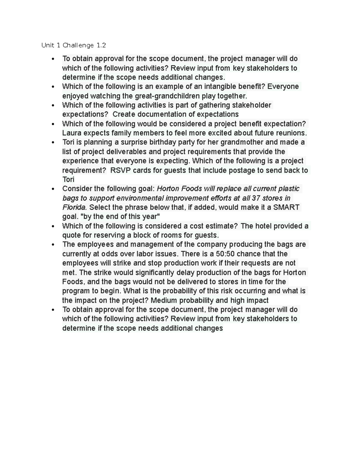 Unit 1 Challenge 1 - Unit 1 Challenge 1. To obtain approval for the scope document, the project ...