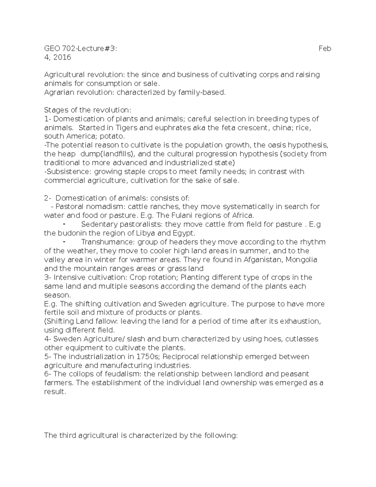 GEO 702 Lecture 3 Notes - GEO 702-Lecture#3: Feb 4, 2016 Agricultural ...