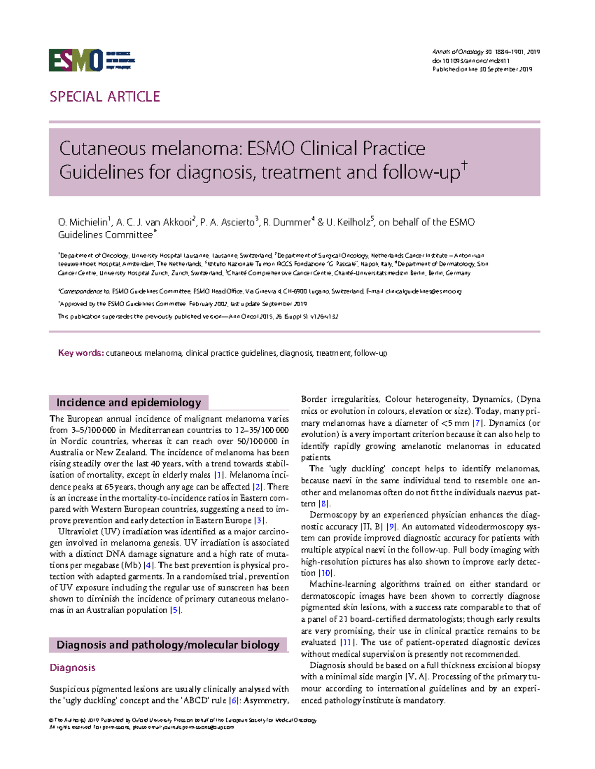 Cutaneous melanoma- ESMO Clinical Practice Guidelines for diagnosis ...