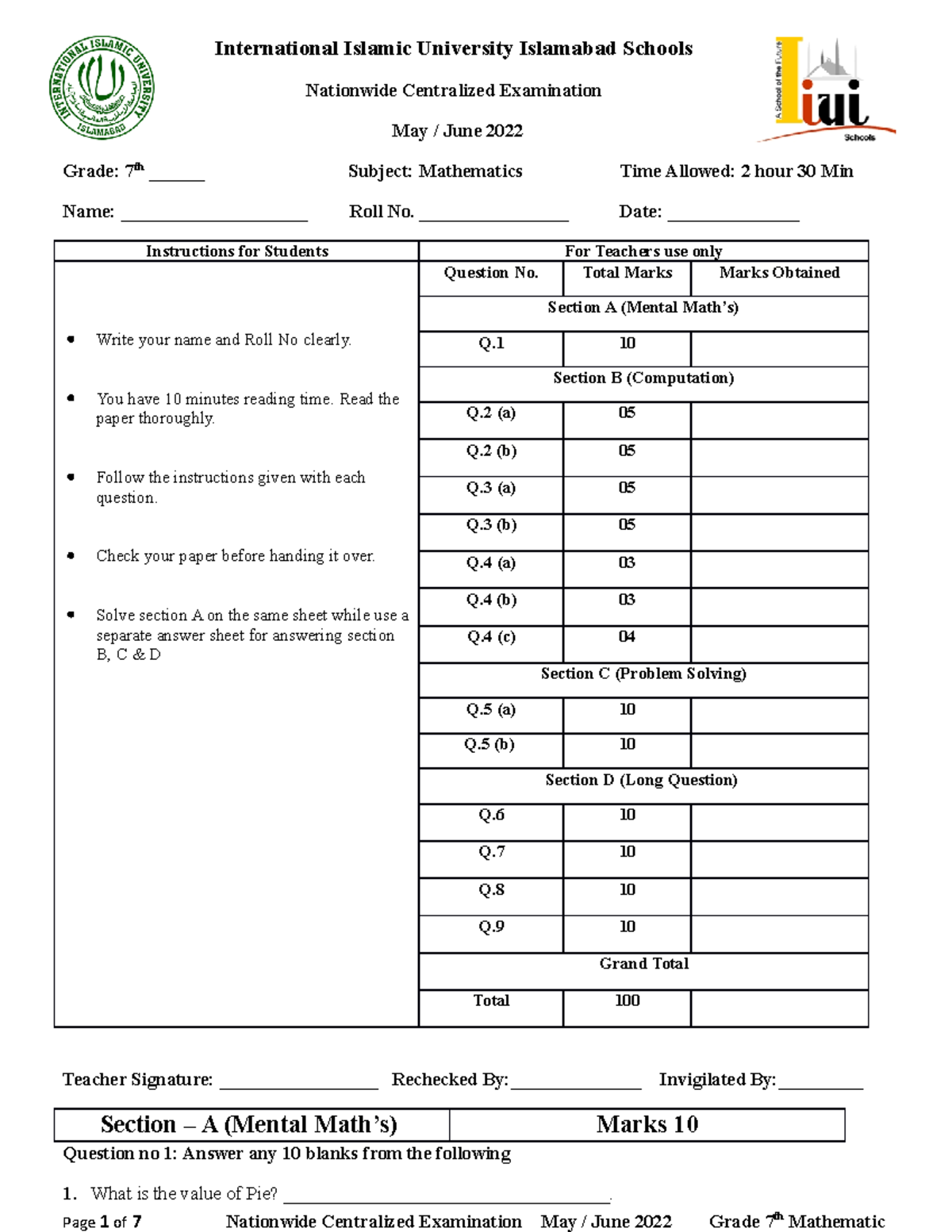 Grade 7th Mathematics - International Islamic University Islamabad ...